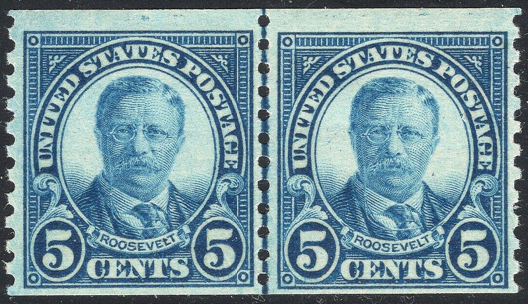 #602 F-VF MNH OG-5¢ Teddy Roosevelt COIL LINE PAIR-QUALITY STAMPS (REM ...