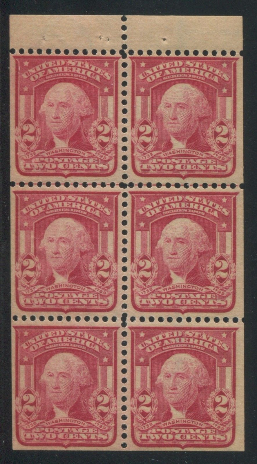 1908 US Stamp #319Fq 2c Mint Never Hinged VF Booklet Pane of 6 Type II ...