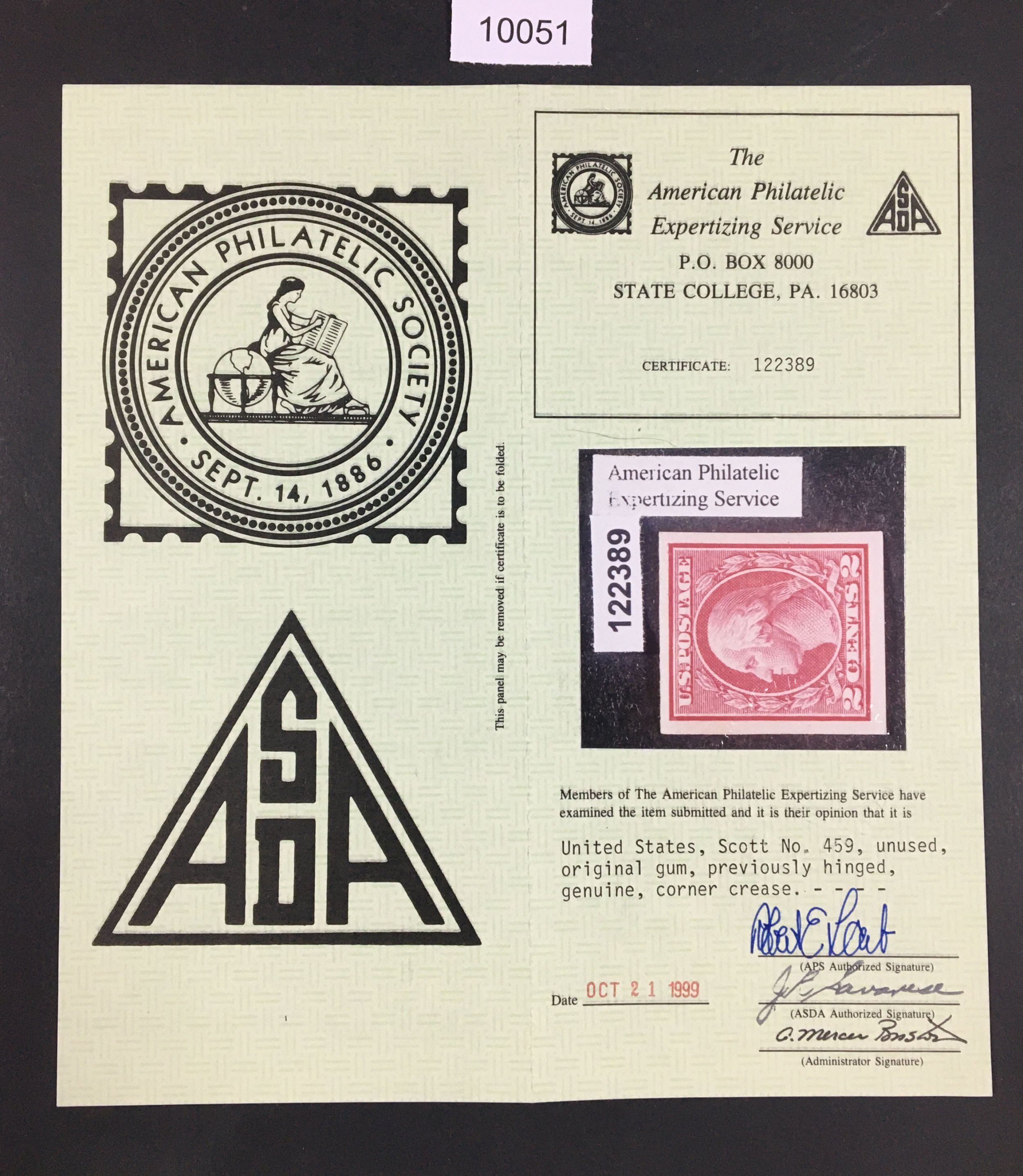 US Stamps # 459 Mint OG H **Aps Cert** LOT #D 10051 | United States ...