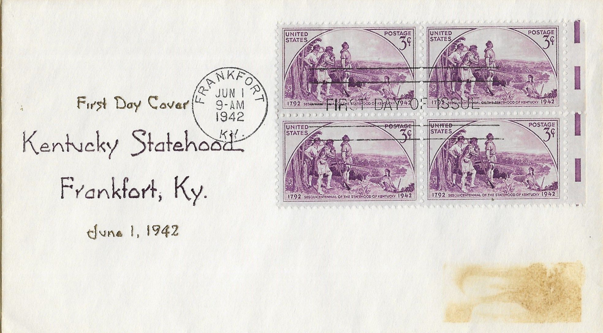 1942 FDC, #904, 3c Kentucky 150th, Nix, block of 4 | United States ...