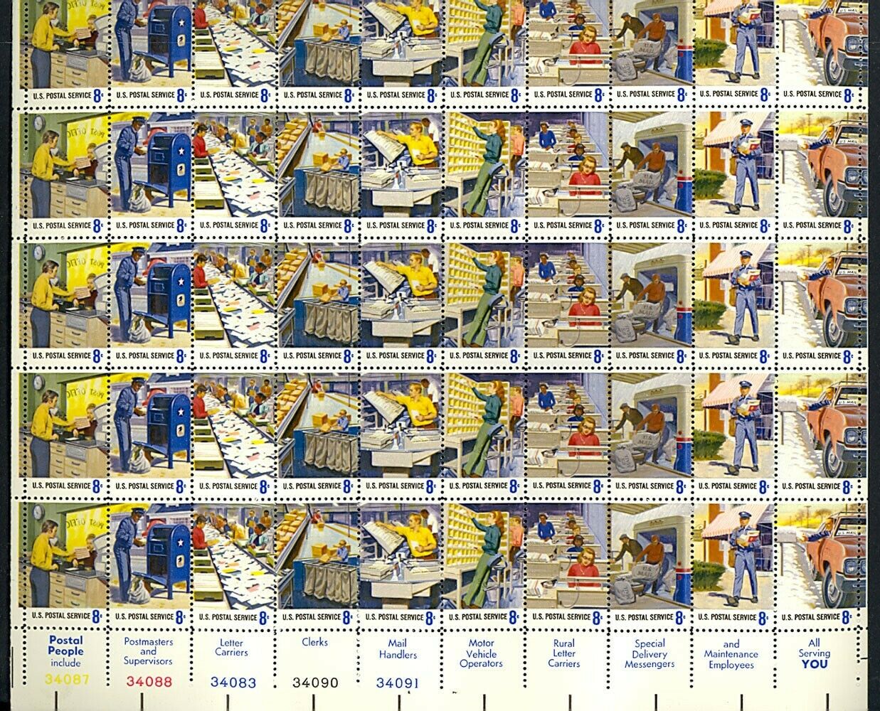 Postal Workers Sheet of Fifty 8 Cent Postage Stamps Scott 1489-98 ...