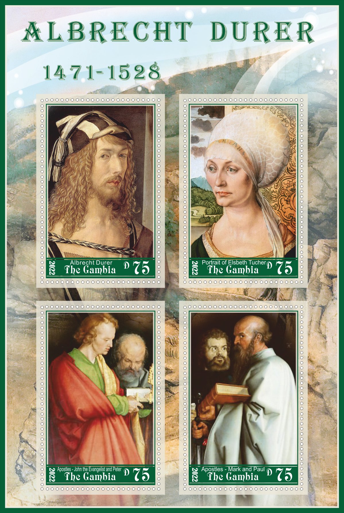 Stamps. Art. Painting Albercht Durer 2022 year Gambia 1+1 sheet ...