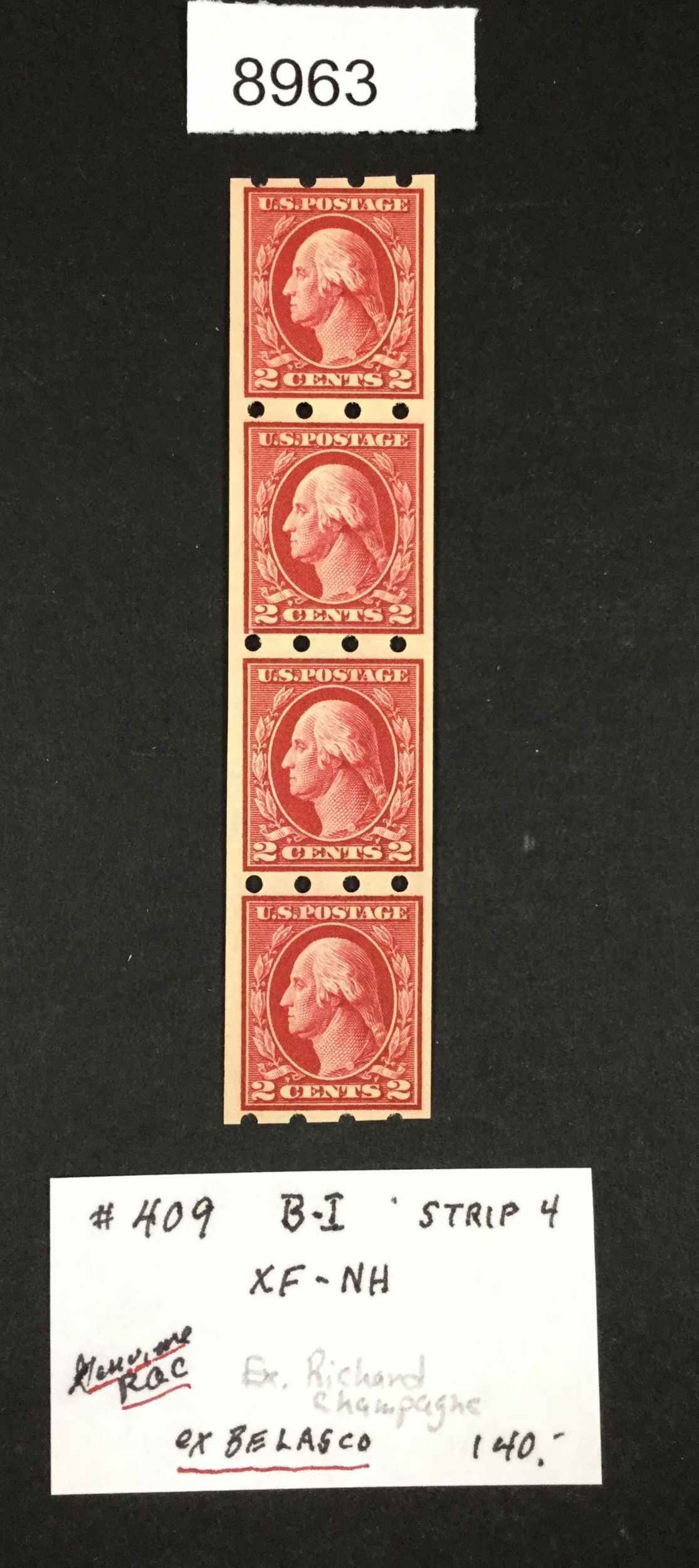 US # 409 Mint OG NH Line Strip Brinkerhoff Type-I $200+ LOT #C 8963 ...