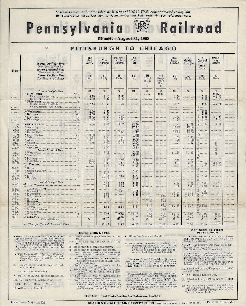 1958- Pennsylvania Railroad Timetable - Ephemera 1236 | Specialty ...