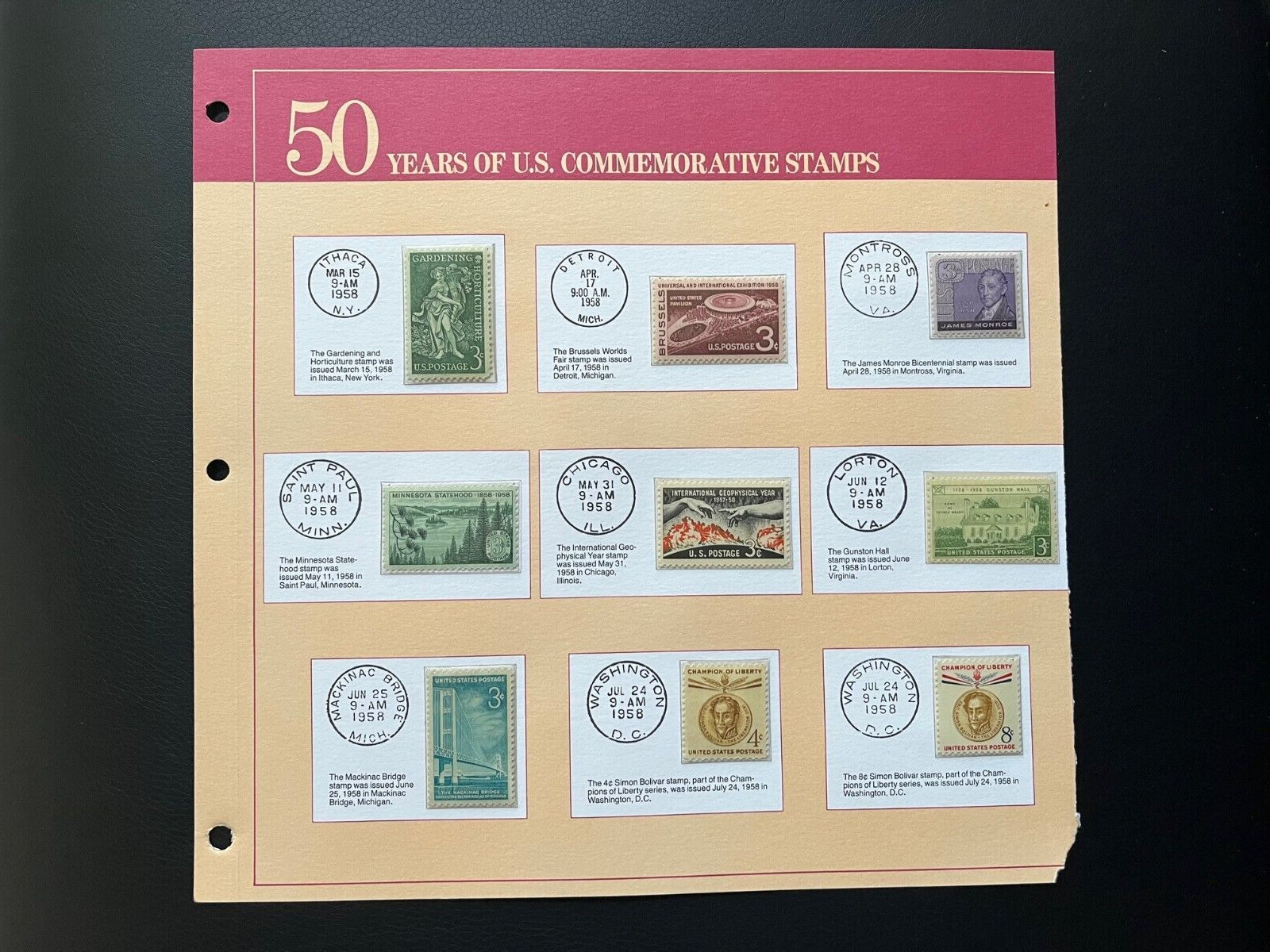 1958 50 YEARS OF U.S. COMMEMORATIVE STAMP Albums Panel of stamps ...