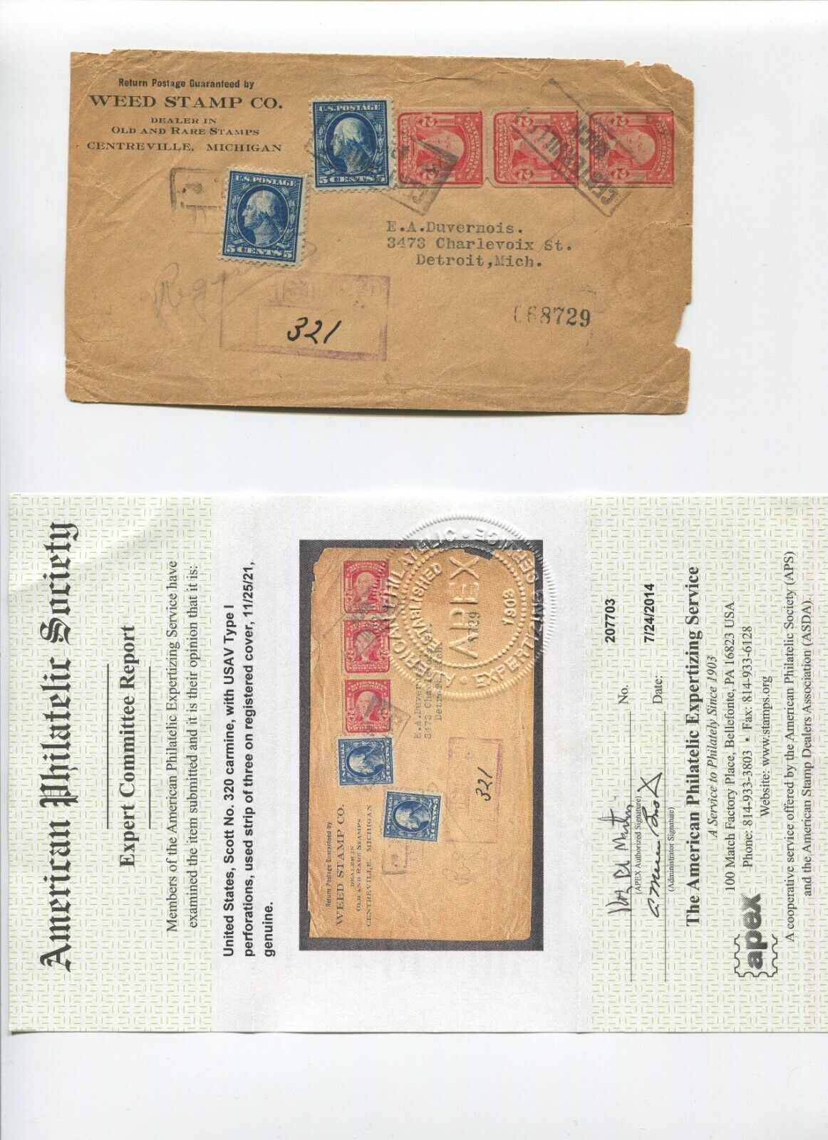 320 USAV Type I Strip of 3 Stamps on Registered Cover w/APS Cert (Cv ...
