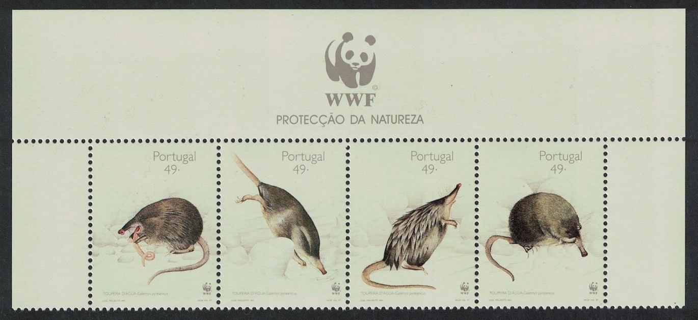 Portugal WWF Pyrenean Desman Top Strip of 4v WWF Logo 1997 MNH SC#2153 ...