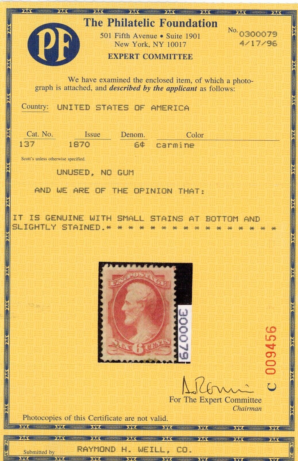 SC #137 Mint NO GUM Extra Fine Greatt Looking Very Minor Stain W/PF ...