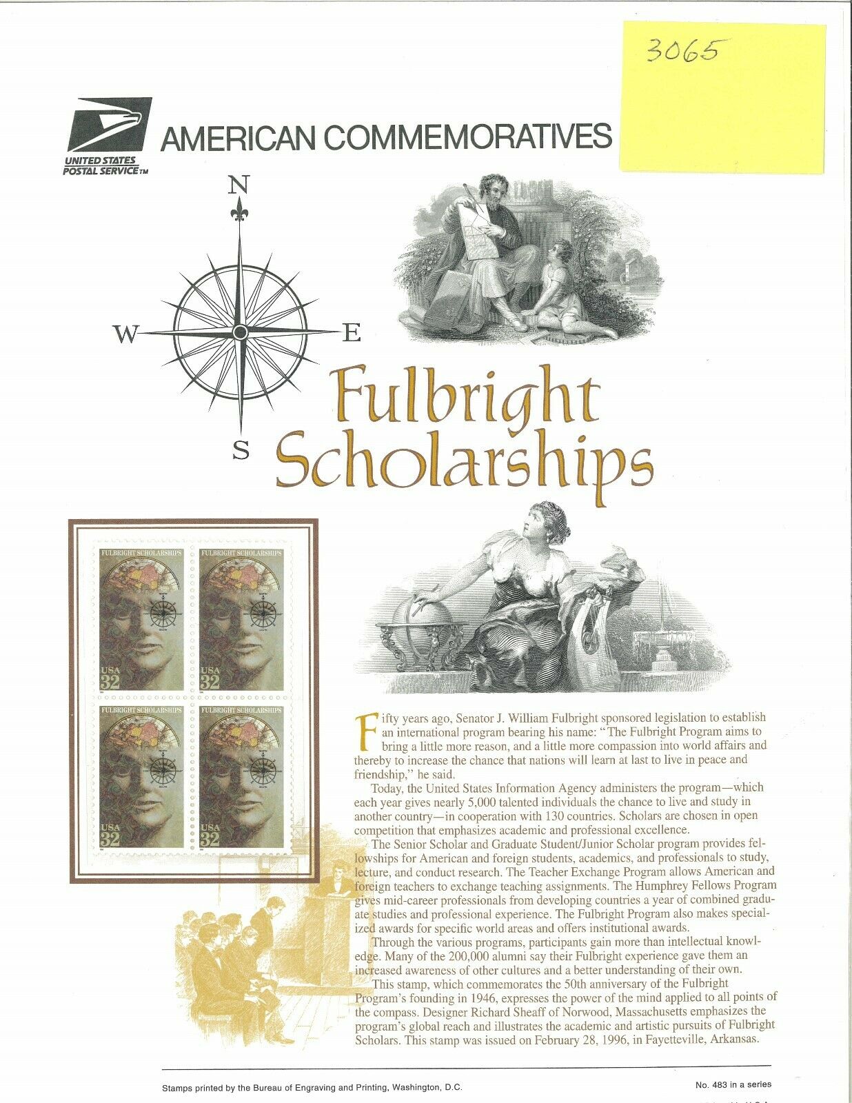 Usps Commemorative Panel #483 Fulbright Scholarships #3065 | United ...