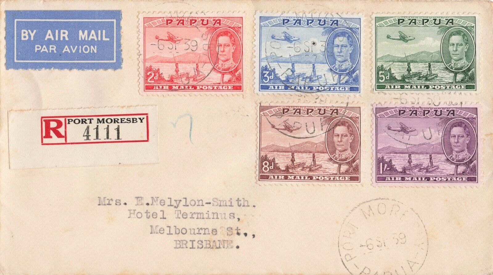 Papua 1939 2p-1/- Air Post Registered Airmail Cover Port Moresby to ...