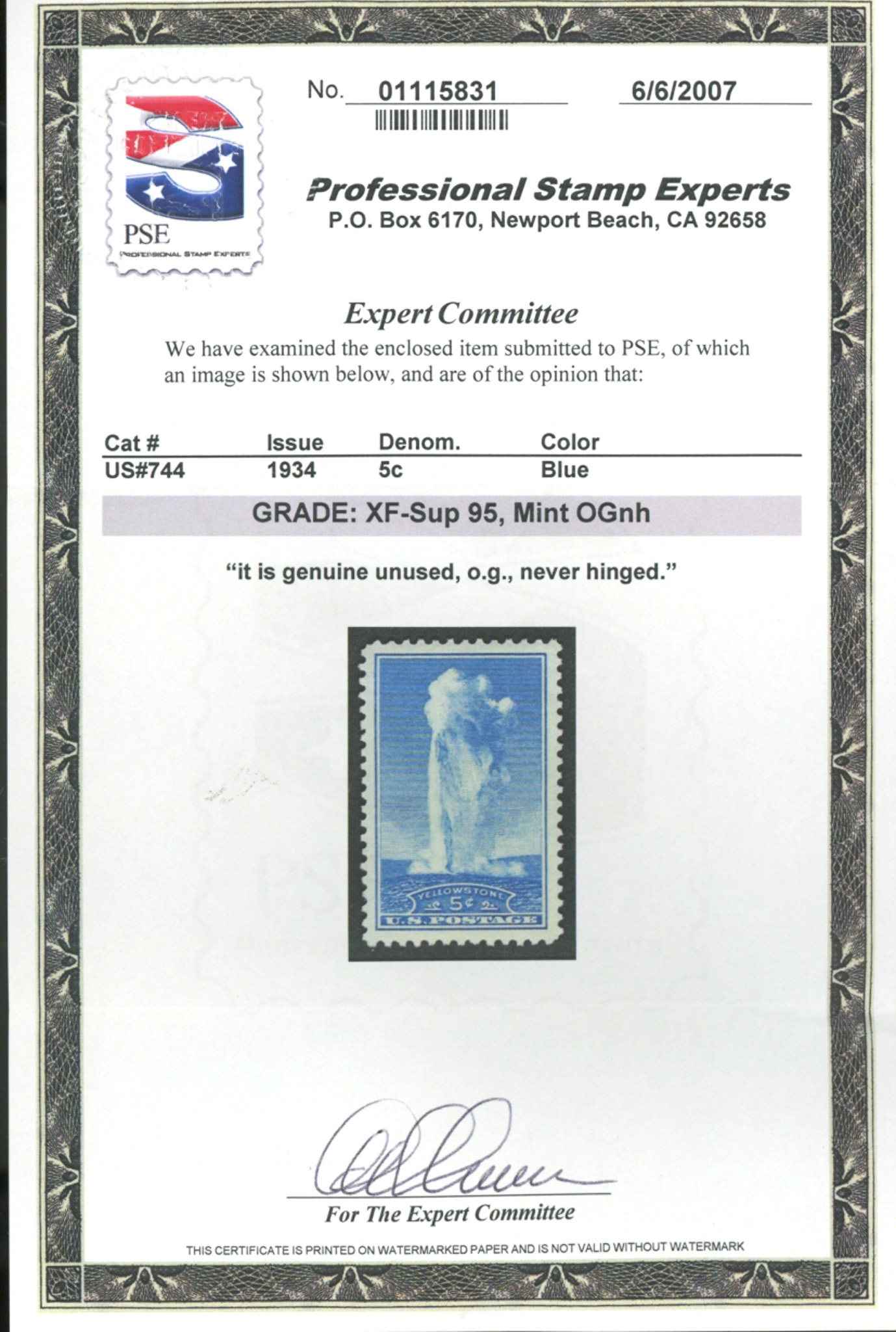 U.S. #744 Mint OG NH With PSE Cert Graded Xf-Sup 95 | United States ...