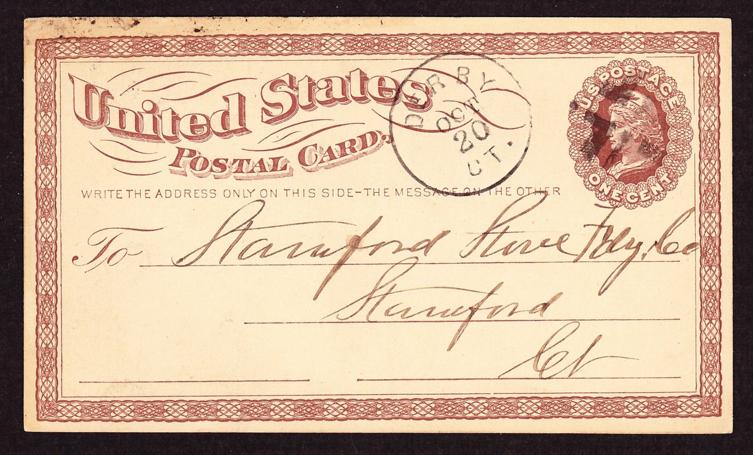 Postal Card, UX3, Derby, CT, CROSS-ROADS Fancy Cancel, edge stains ...