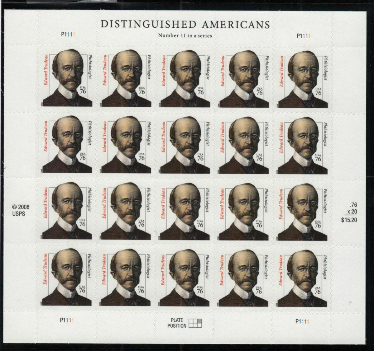 2000 issue Edward Trudeau Sc 3432A MINT 76c sheet of 20 plate number ...