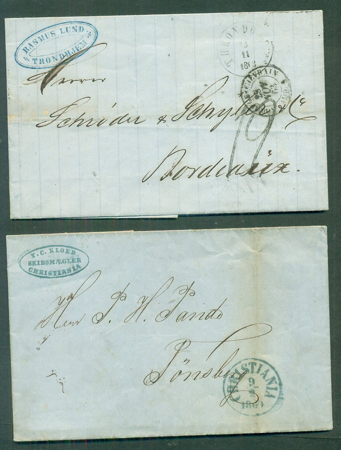 NORWAY 1860/63, Two Stampless Folded Letters incl. one to FRANCE, VF ...