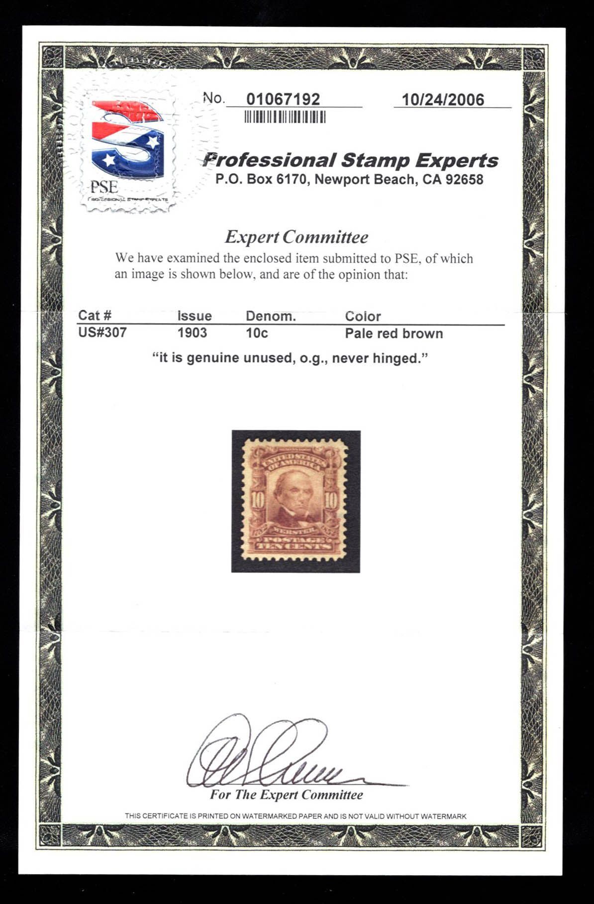 US Stamps # 307 Mint OG NH VF+ *** PSE Cert *** CV. $150+ LOT #9176 ...