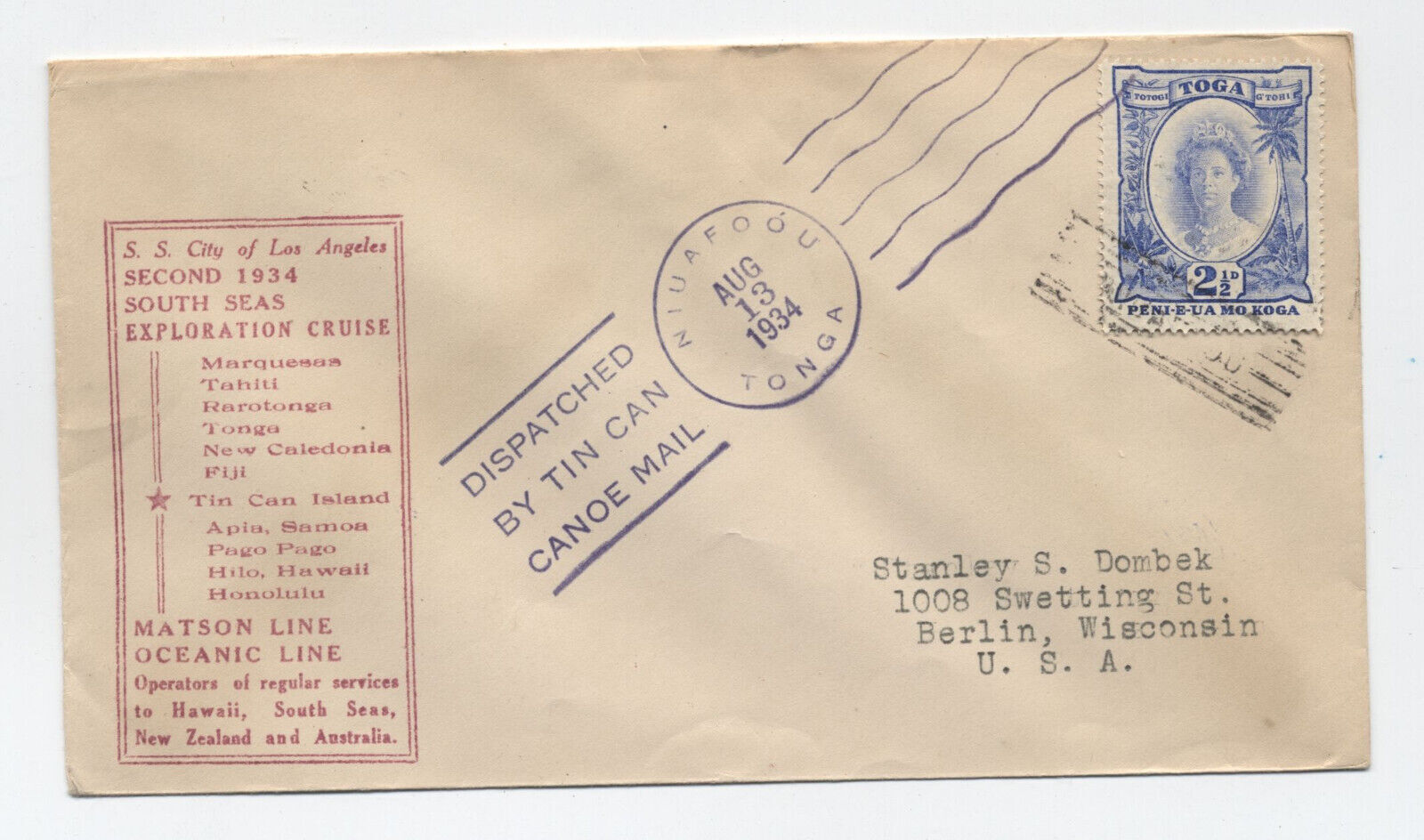1934 Niuafoou Tonga tin can mail cover SS City of Los Angeles cachet ...