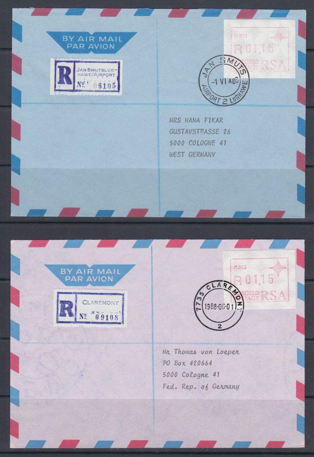South Africa1988 Registered Air Mail Covers with FRAMA labels, 2 diff ...