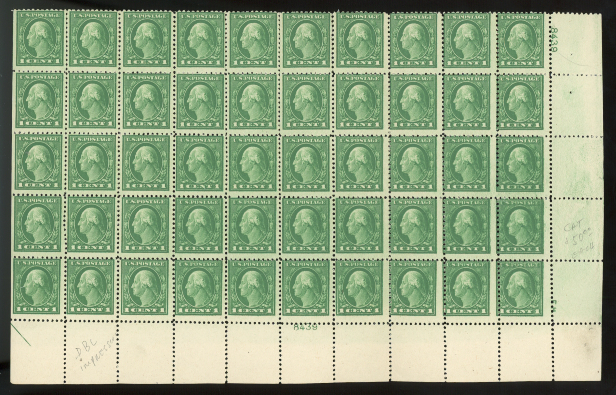 U.S. #498 Mint PL# Block of 50 OG NH Double Impression FEW Perf ...