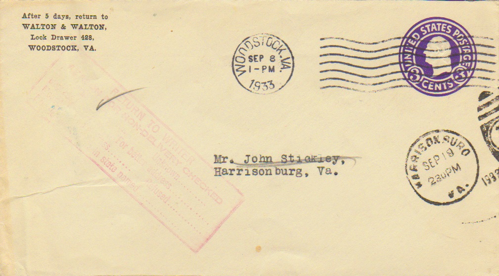 United States Virginia Harrisonburg 1933 numeral duplex with violet ...