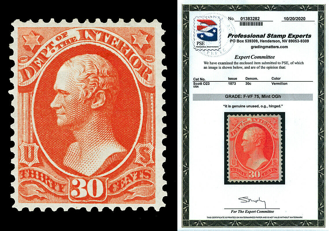 Scott O23 1873 30c Interior Dept Official Mint OG Graded F-VF 75 with ...