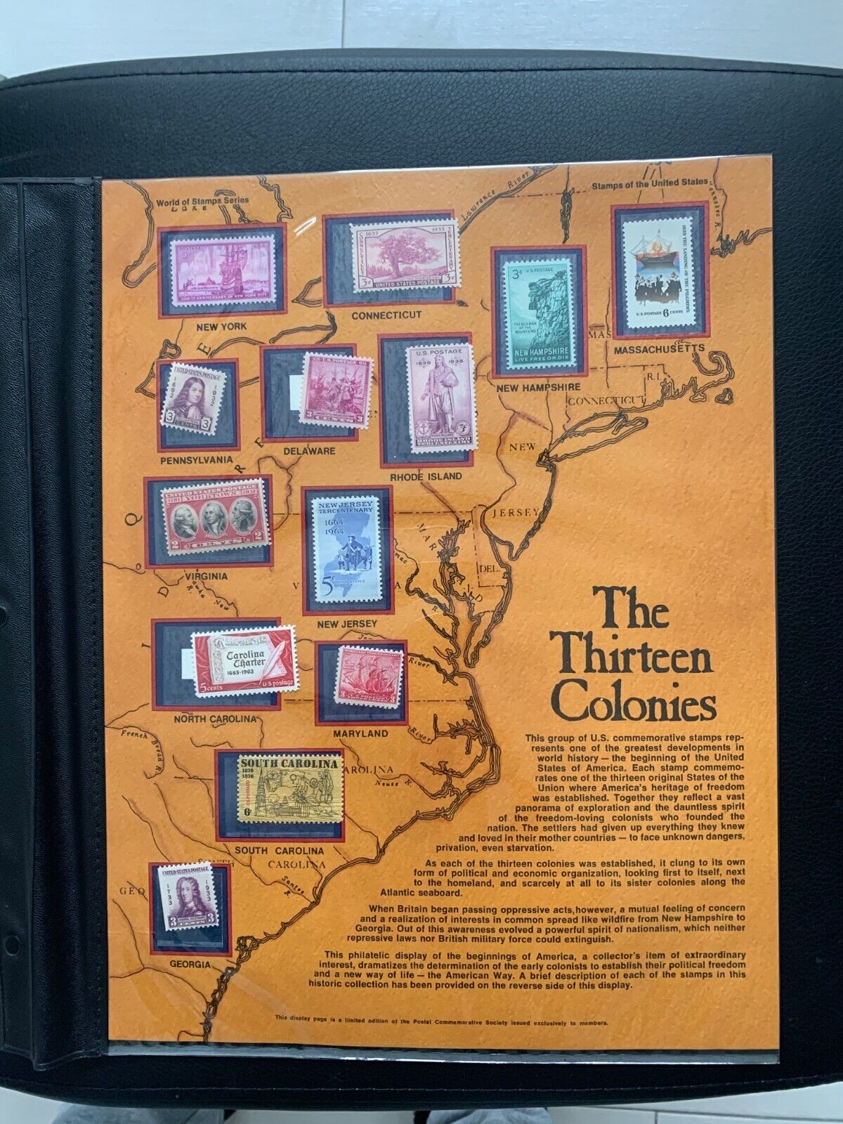 US the thirteen colonies stamp panel big size with plastic holder ...