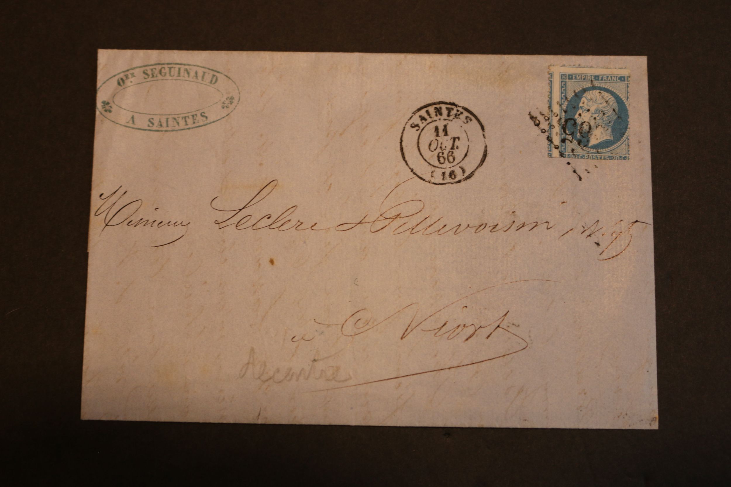 1866 Seguinaud 1 Page Letter/ Envelope w/ 1862 -1871 Emperor Napoléon ...