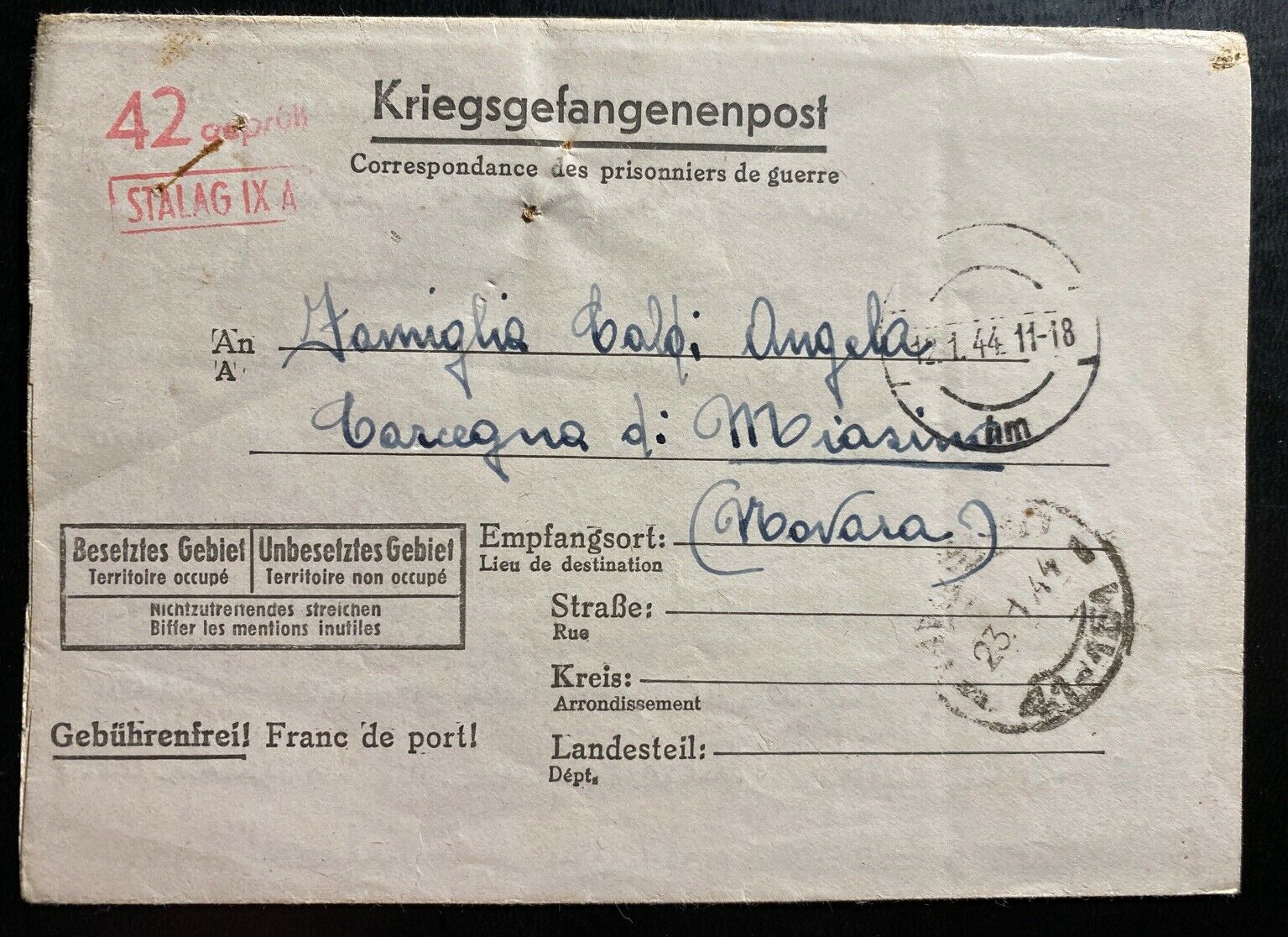 1944 Germany Stalag 9A POW Prisoner of War Letter Cover To Novara Italy ...
