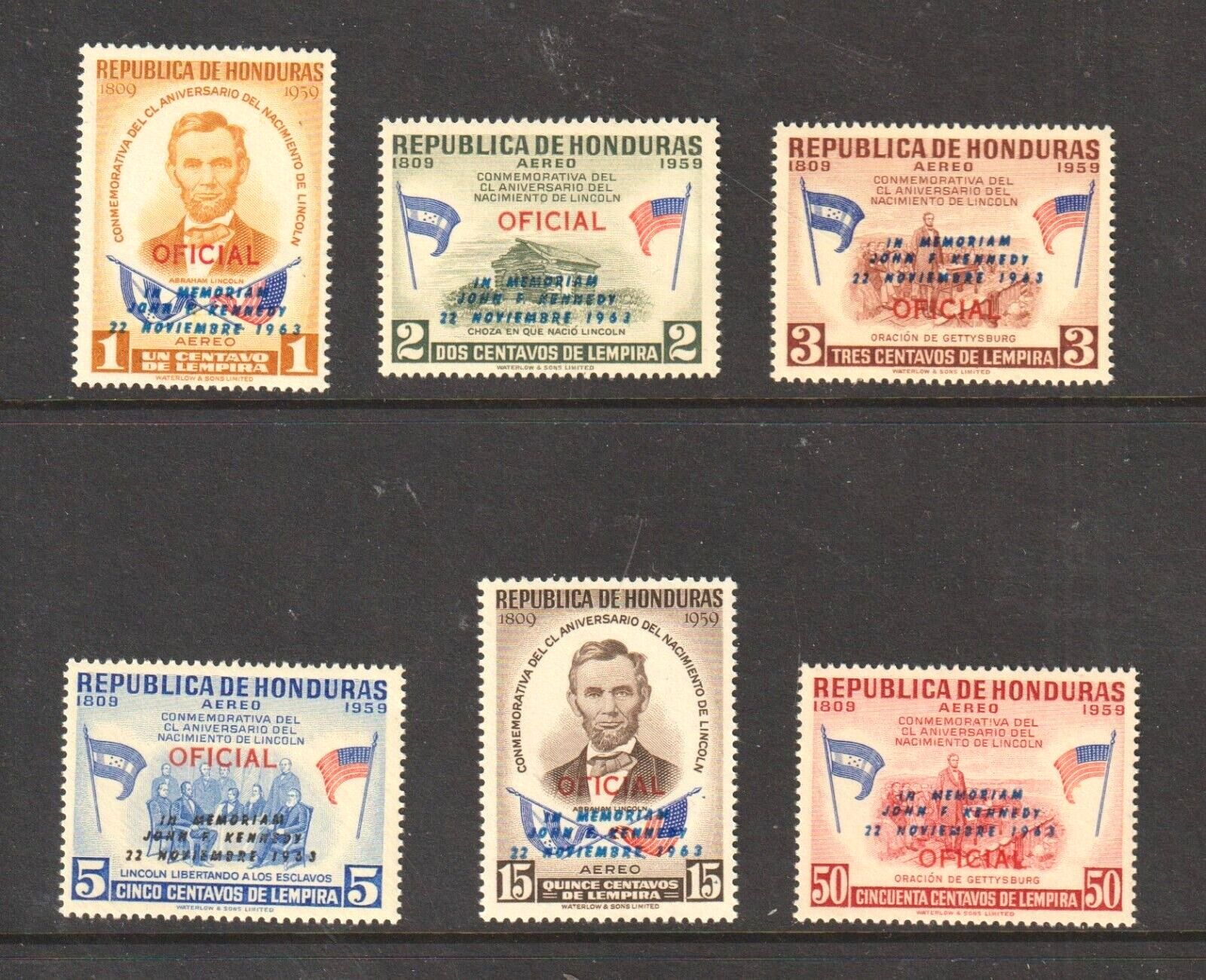 Honduras Lincoln Scott #C325-C330 Oveerptint JFK Kennedy Memorial Issue ...