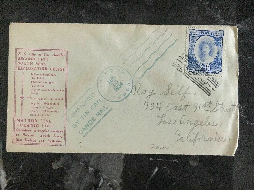 1934 Niuafoou Tonga Toga Tin Can Canoe Mail Cover to Los Angeles Ca Usa ...