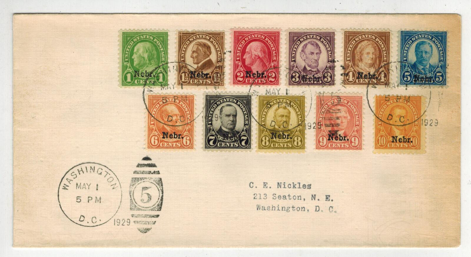 1929 Nebraska Overprints Cmplt SET of 11 C E Nickles FDC Very Fine ...