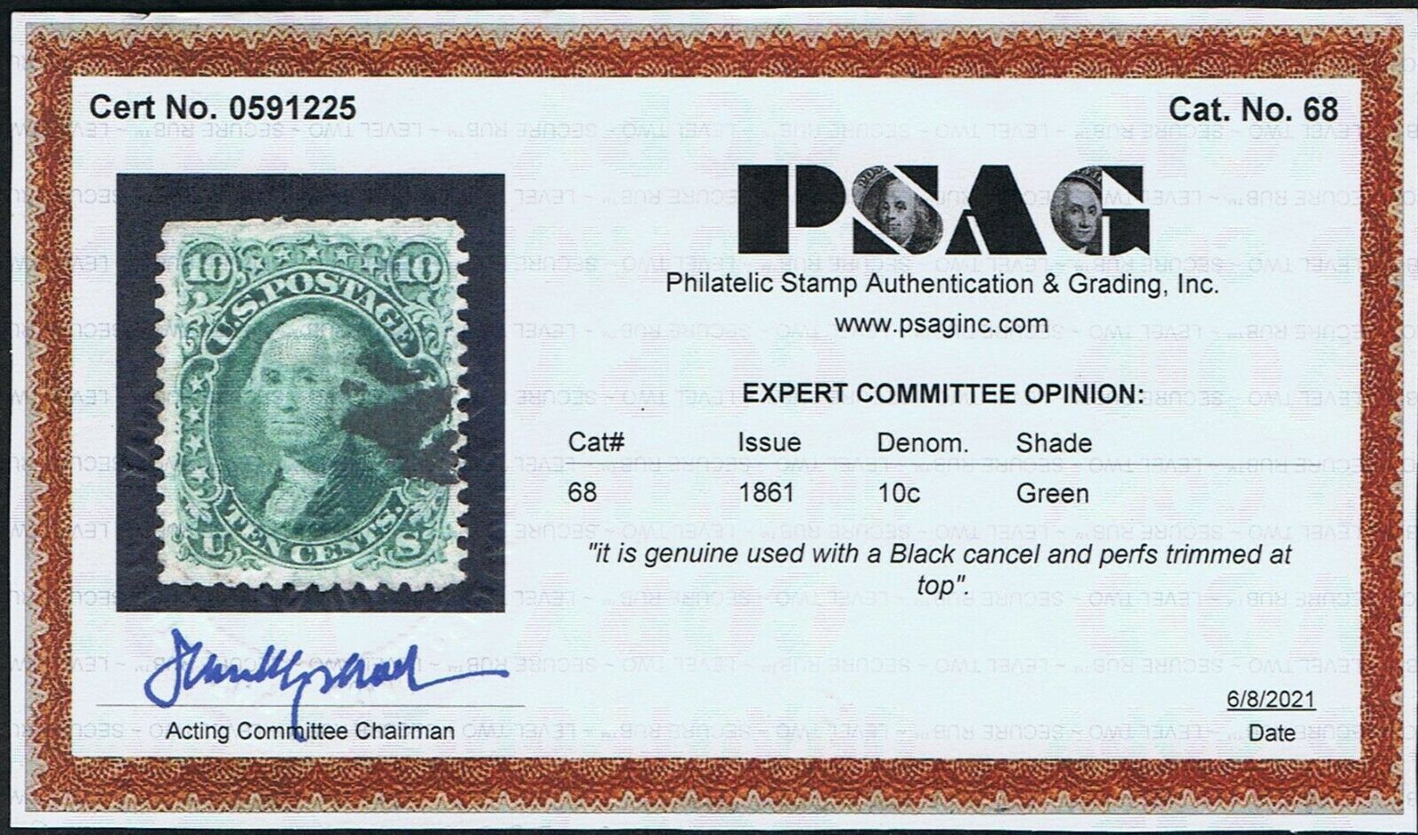 Genuine Scott #68 F-Vf Used 1861 Green Psag Cert Nbnc Printing Black ...
