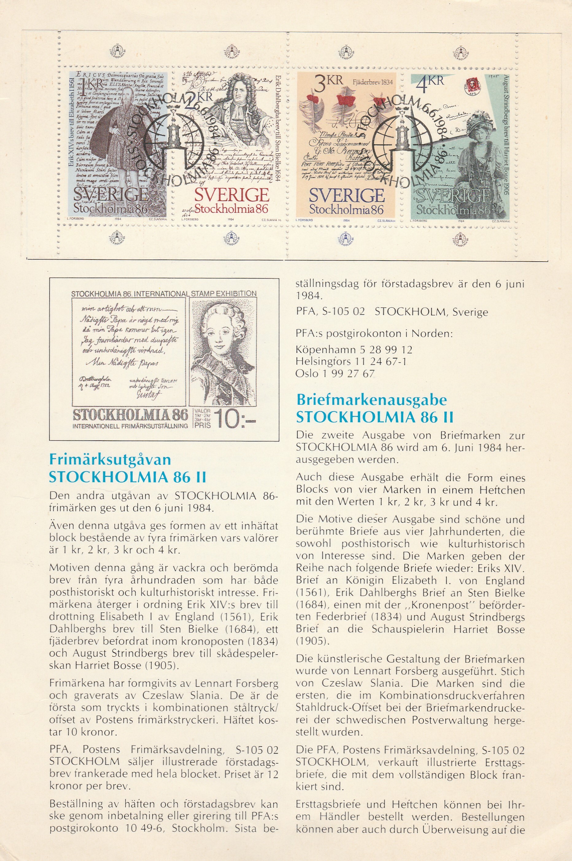 Sweden 1505a, Stockholmia'86 Booklet Pane on Presentation Sheet W/Spec ...