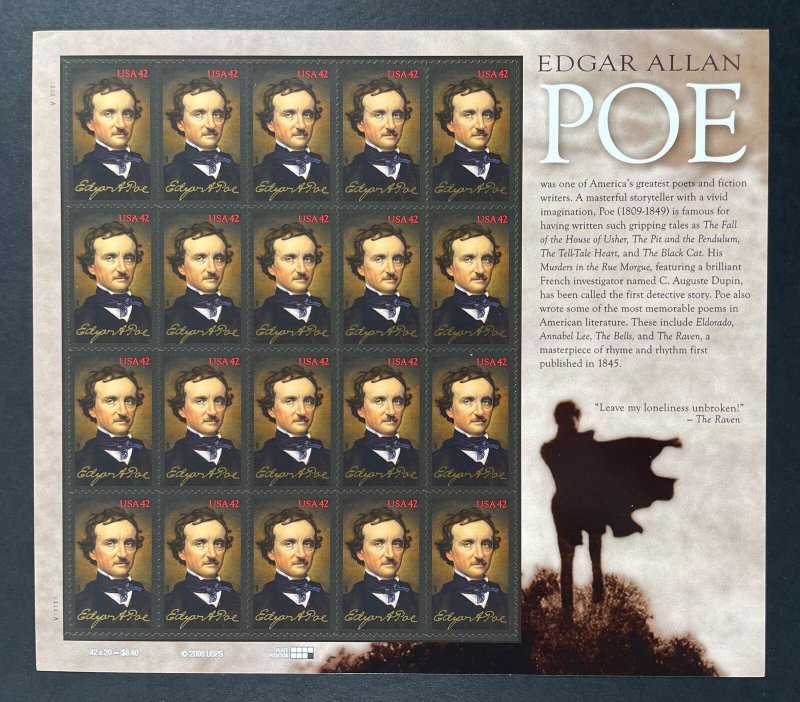 Scott 4377 EDGAR ALLEN POE Pane of 20 US 42¢ Stamps 2009 NH, Minor Flaw ...