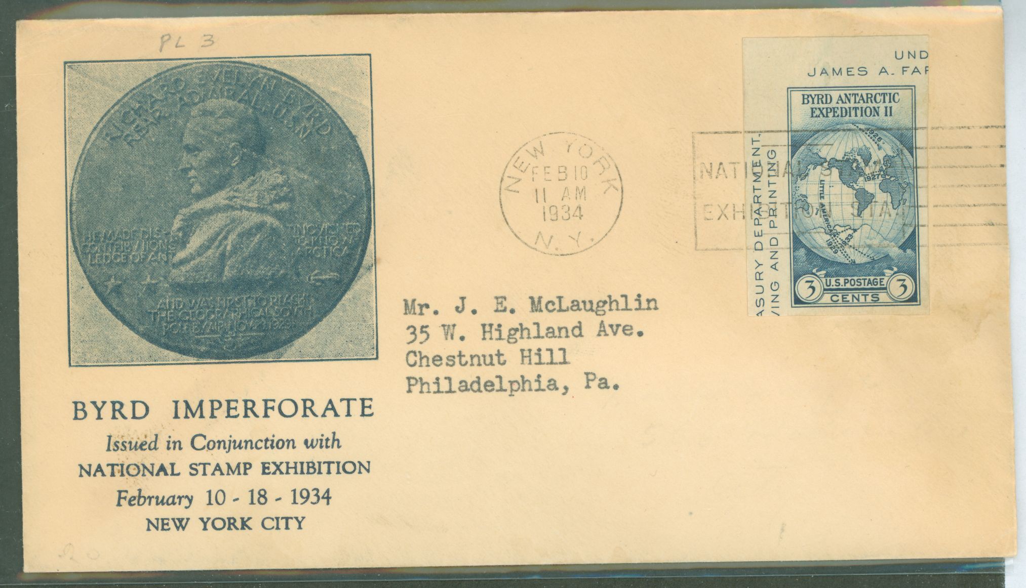 US 735a 1934 3c Byrd Expedition Farley mini-sheet, single imperf on an ...