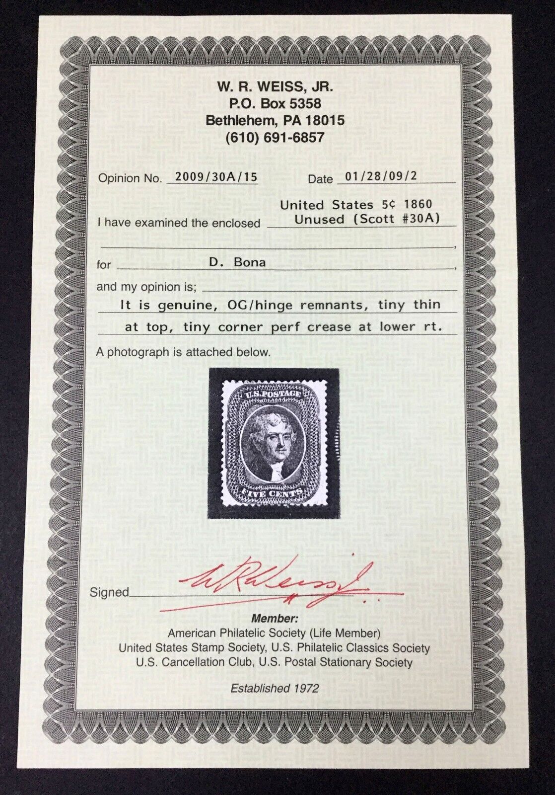 US Stamps #30A Mint OG H Weiss Cert LOT #84735 | United States, General ...