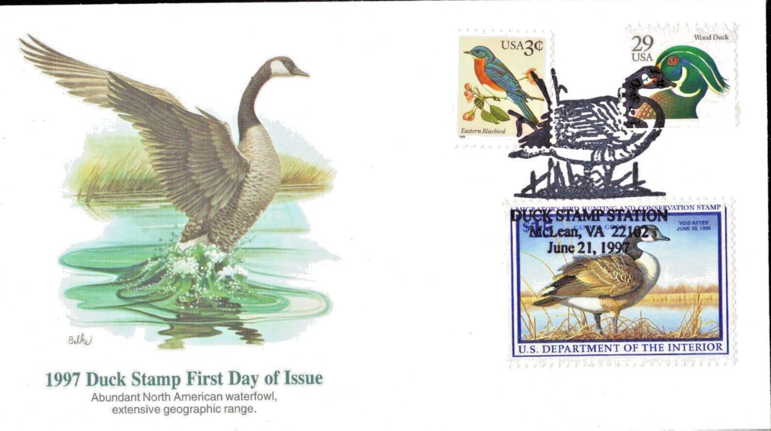RW64 $15 Stamp 1997 Canada Goose FDC Duck Stamp Station Fancy Cancel ...