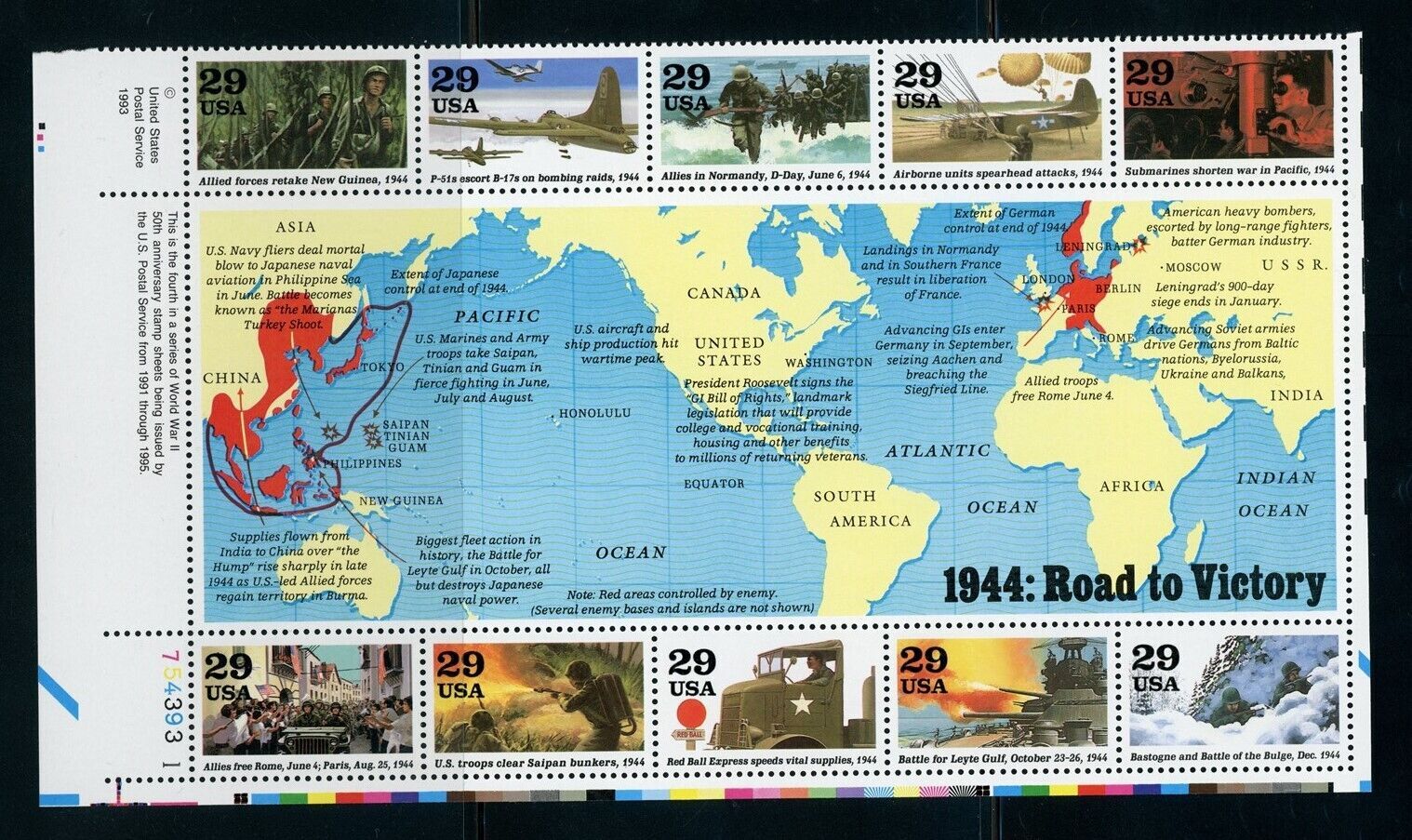 US Stamp #2838 1944 Road to Victory 29c - Sheet Pane of 10 - MNH - CV ...