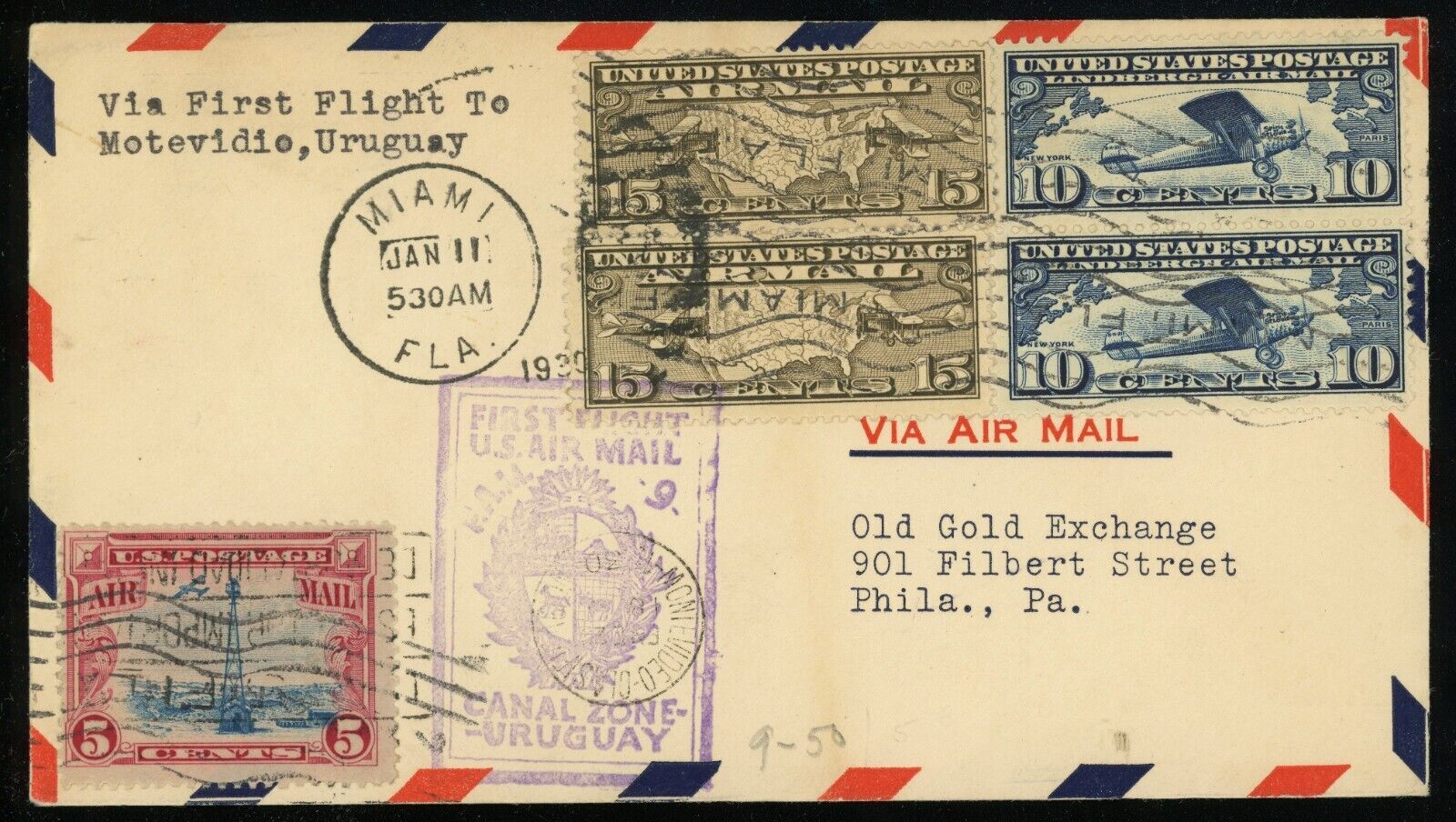 Miami Cristobal Canal Zone Uruguay 1930 FAM9 First Airmail Flight US ...