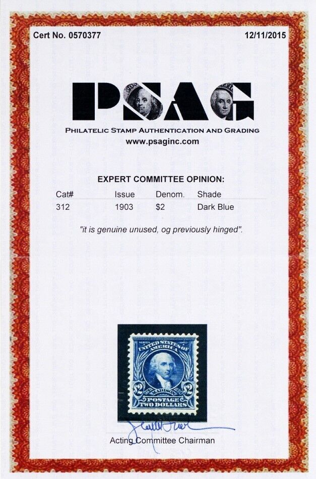 312, Mint VF VLH $2 Madison With PSAG Certificate * Stuart Katz ...