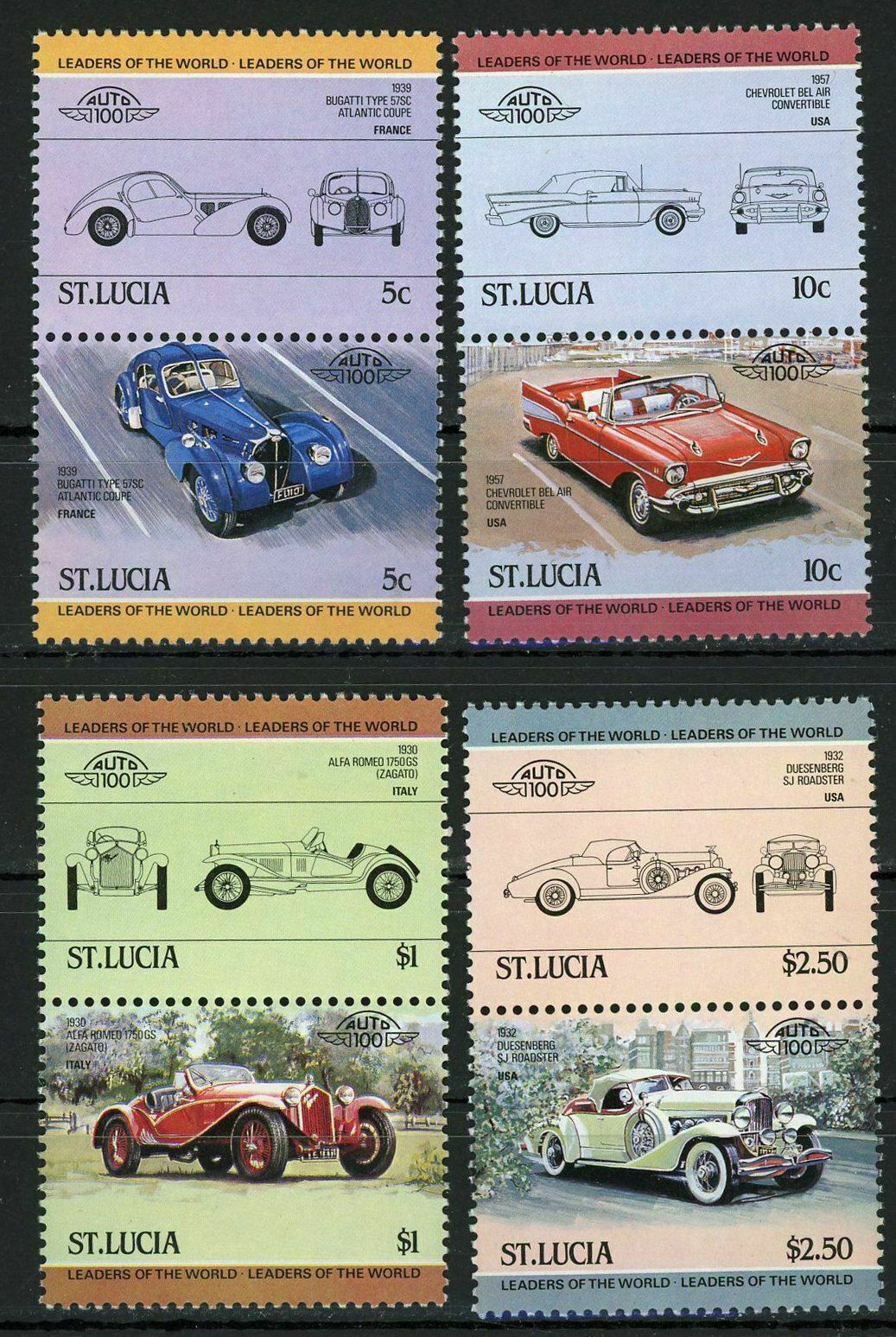 Bugatti Chevrolet Alfa Romeo Serie Set of 4 Blocks of 2 Stamps MNH ...