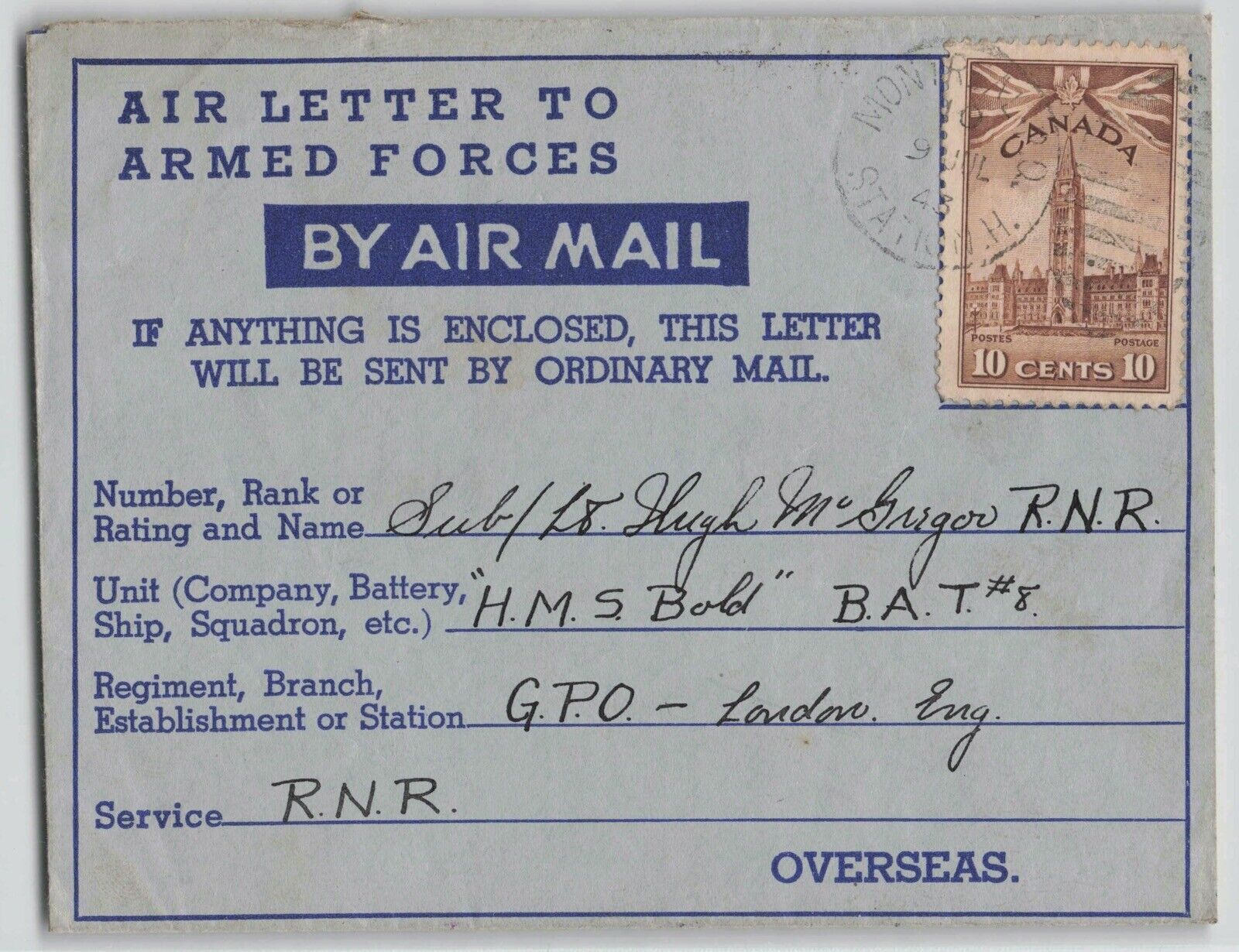 Canada 1943 WWII Montreal to HMS BOLD Naval Armed Forces Air Letter ...