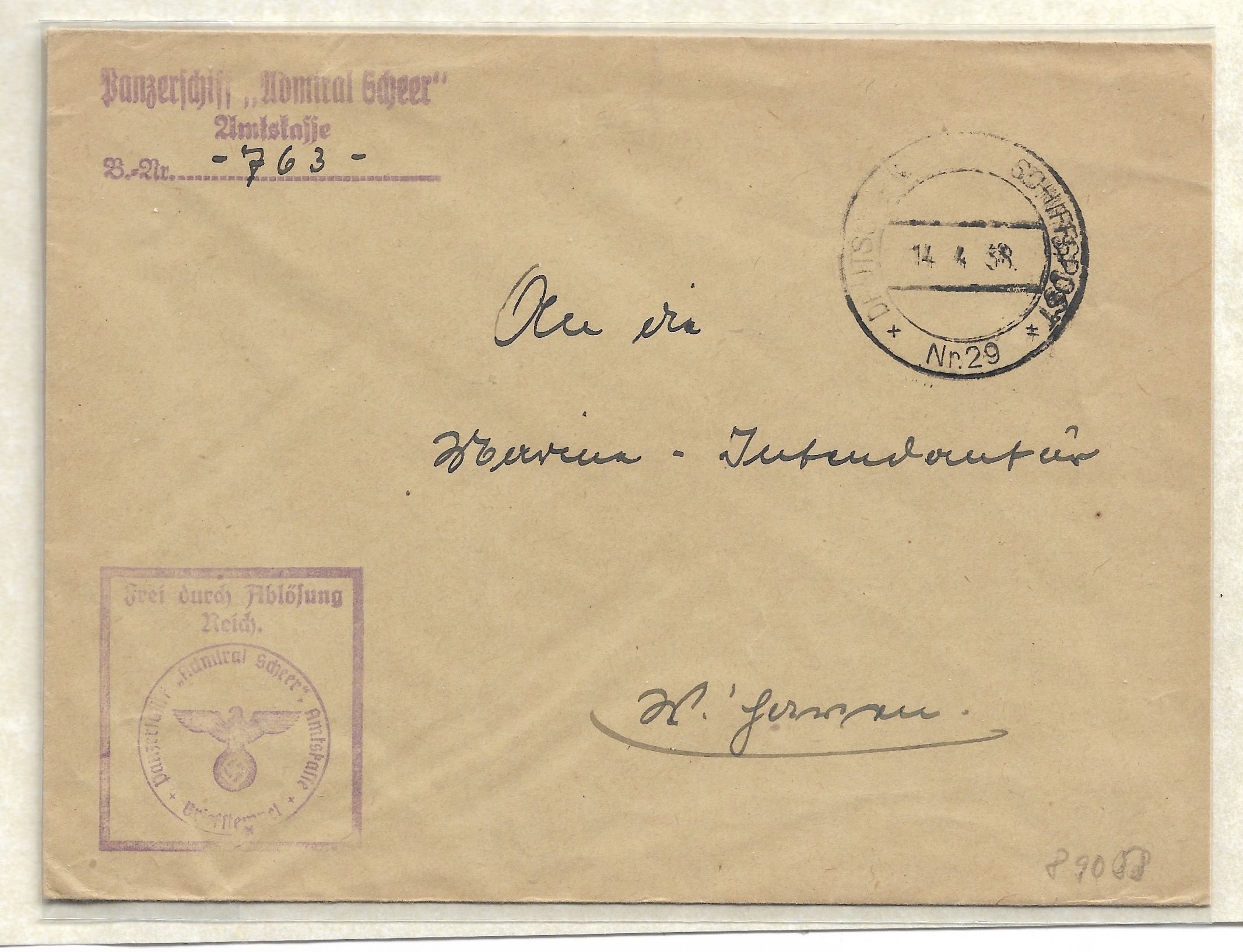 WW2: German Naval Feldpost MSP-29 KMS Admiral Scheer 4/14/38 (54564 ...