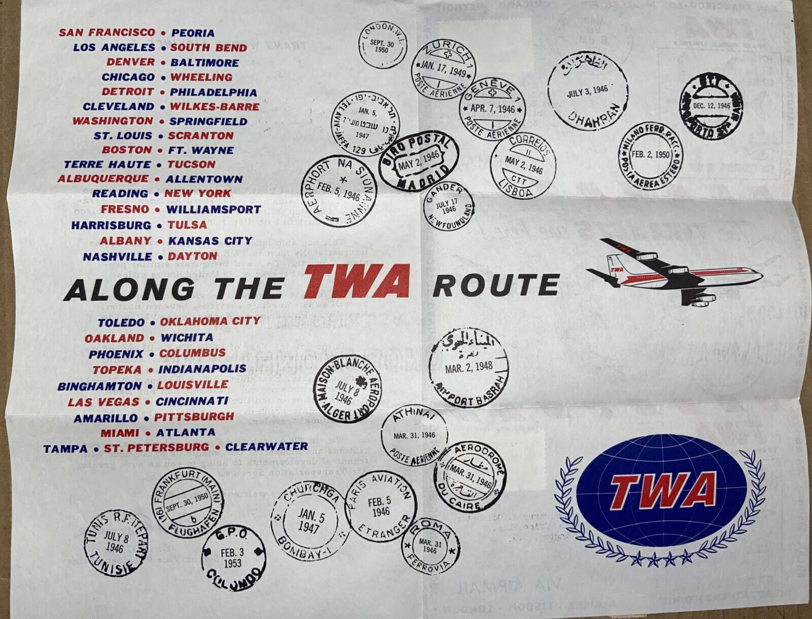 1959 TWA Airlines SEN. Barry Goldwater JET Airmail SAN Fran AMF Foldout ...
