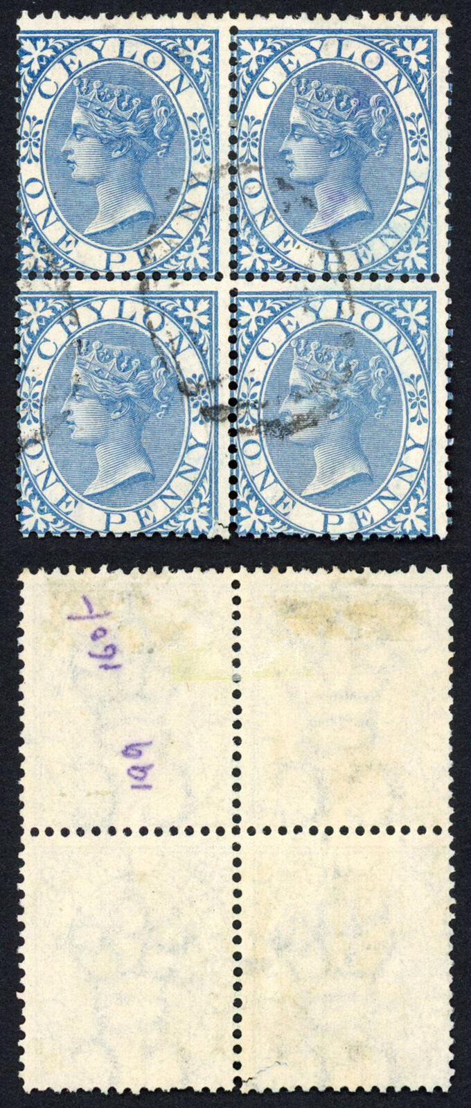 Ceylon SG61 1d Blue Perf 14 Block (Bottom left stamp torn) | Asia - Sri ...