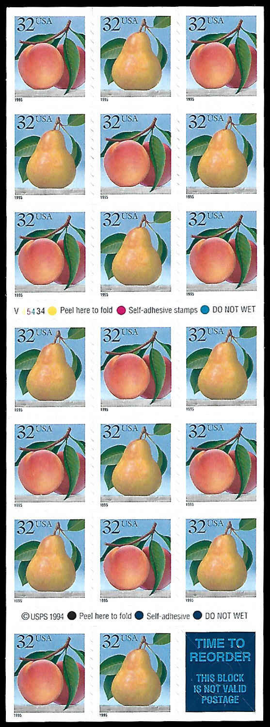 PCBstamps US #2493/2494a Bk Pane $6.40(20x32c)Peach & Pear, V45434, MNH ...