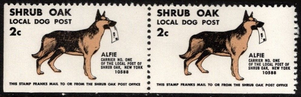 1966 US 2 Cents Shrub Oak Local Dog Post of Alfie the Dog Stamp Pair ...