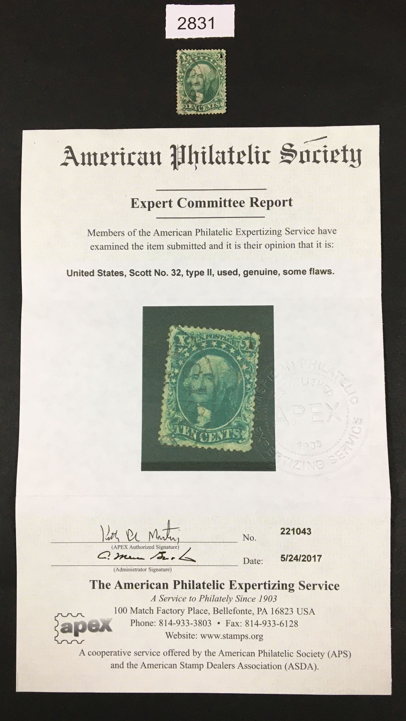US Stamps # 32 Used **Aps Cert** LOT #G 2831 | United States, General ...