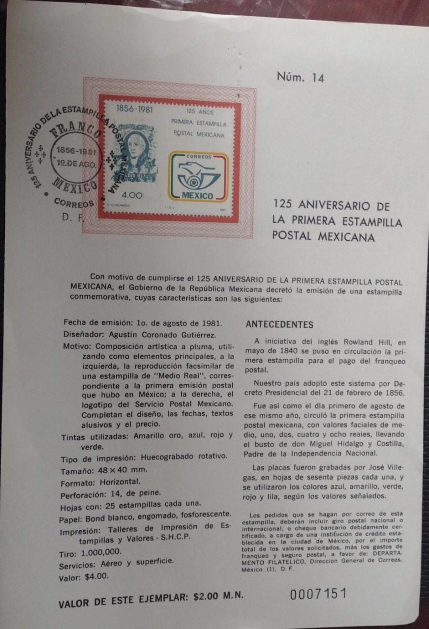 BD) 1981, Mexico, 125th Anniversary of the First Mexican Postal Stamp ...