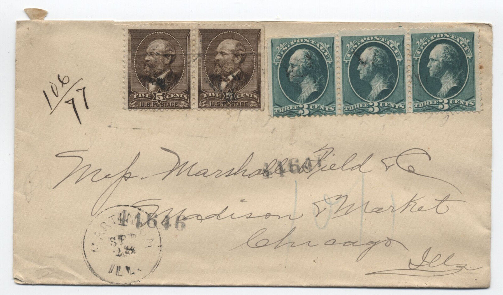 1883 registered cover 3x 3ct banknote, 2x #205 5ct garfield Martinton ...