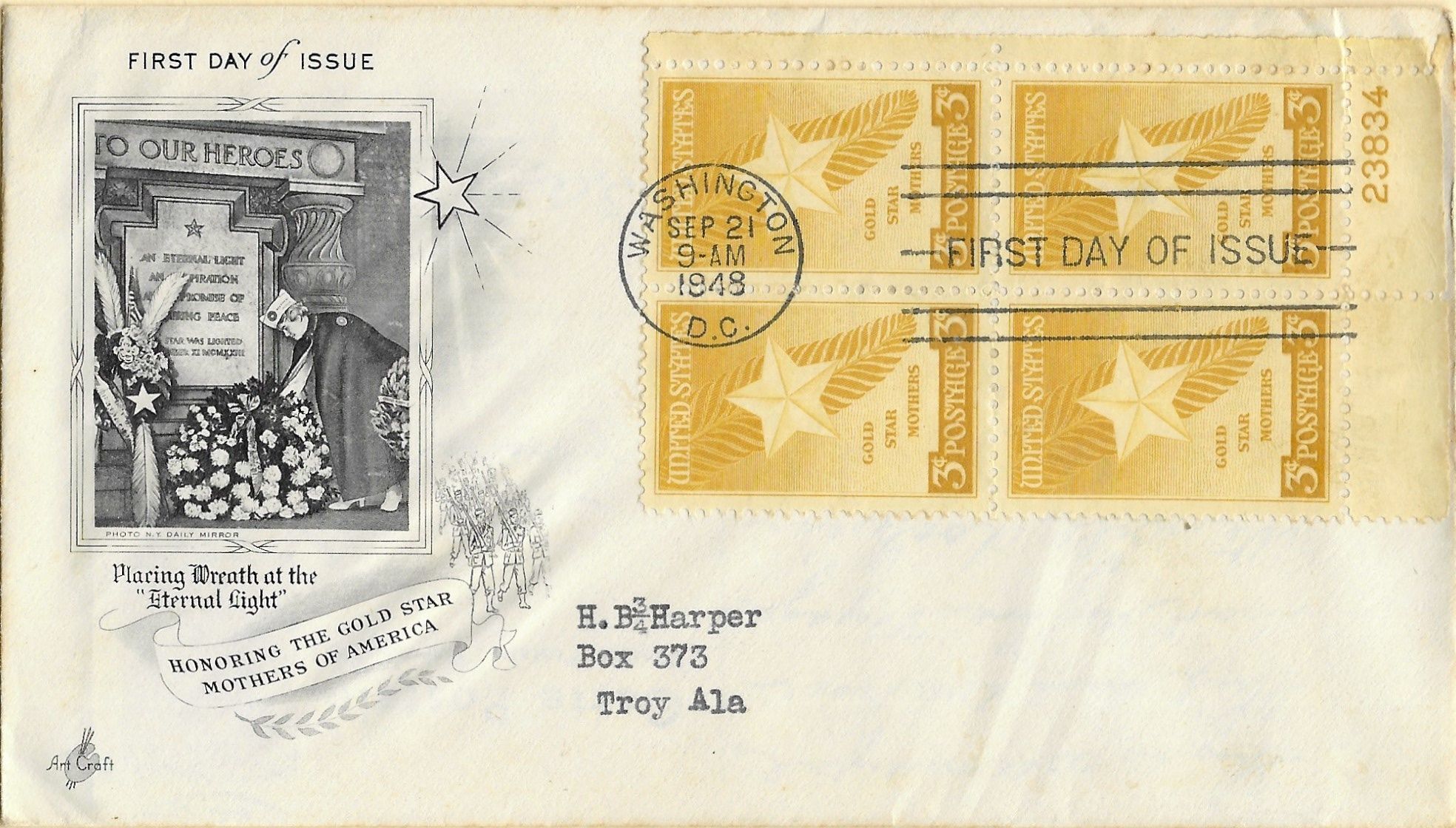 1948 FDC, #969, 3c Gold Star Mothers, Art Craft, plate block (#23834 ...